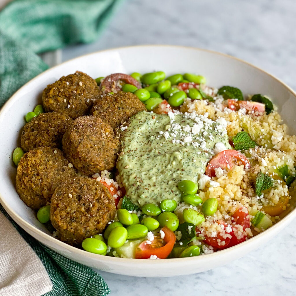Falafel Bowl w/Mediterranean Couscous Salad, Edamame & Green Tahini ...