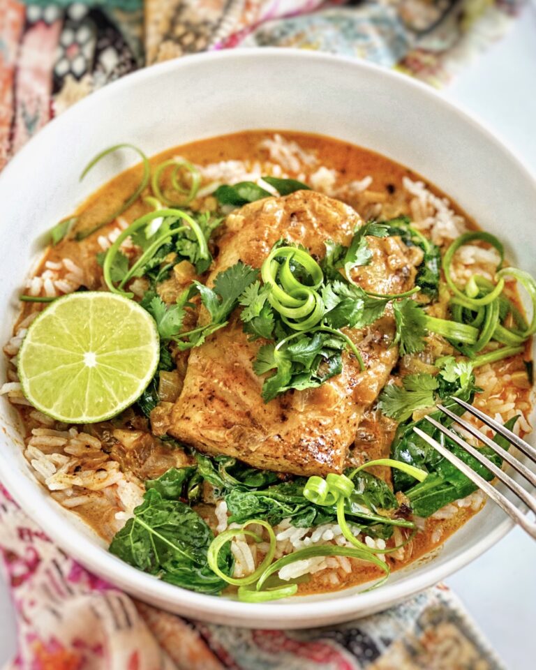 Thai Red Curry with Cod, Spinach & Jasmine Rice – Michellesipsandsavors